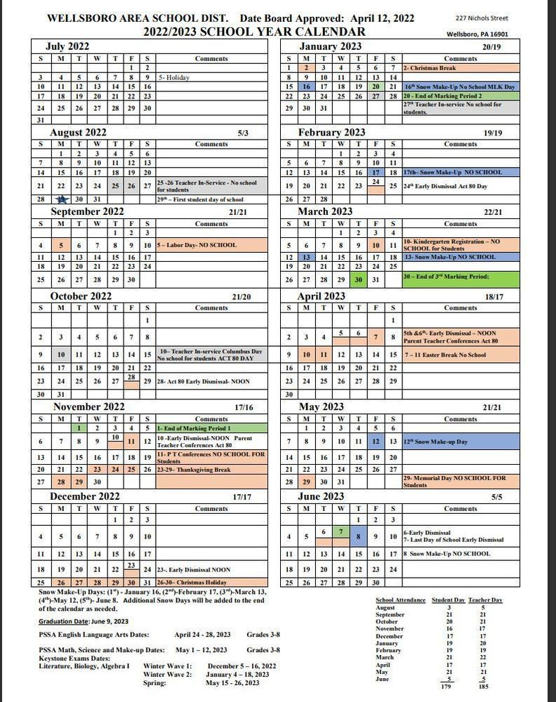 Wellsboro School District Calendar 2026 - Schoolcalendars.net